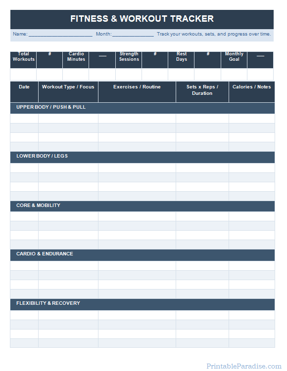 Free Printable & Fillable Fitness and Workout Tracker | PrintableParadise