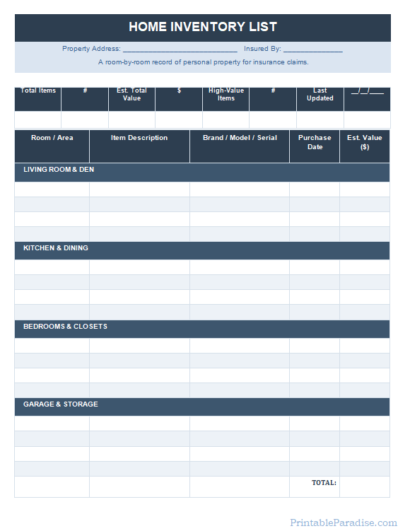 Free Printable & Fillable Home Inventory List | PrintableParadise