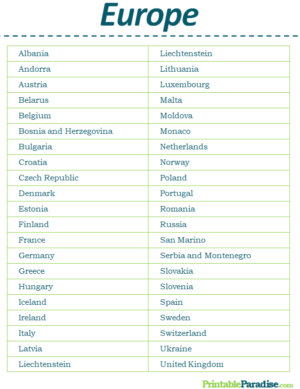 Printable List Of Countries In Europe