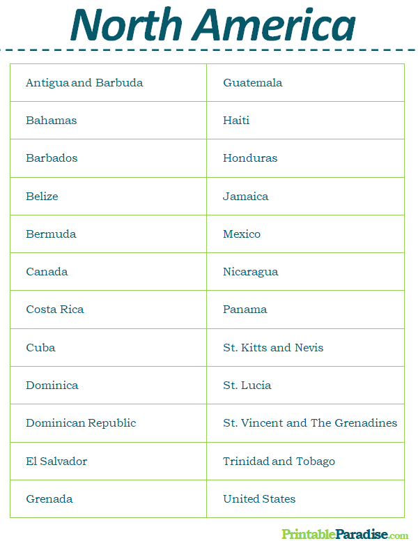 Printable List Of Countries In North America