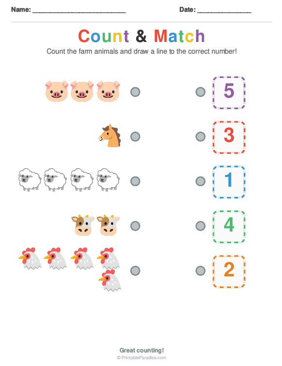 Free Printable Preschool Farm Animals Count & Match Worksheet Worksheet ...