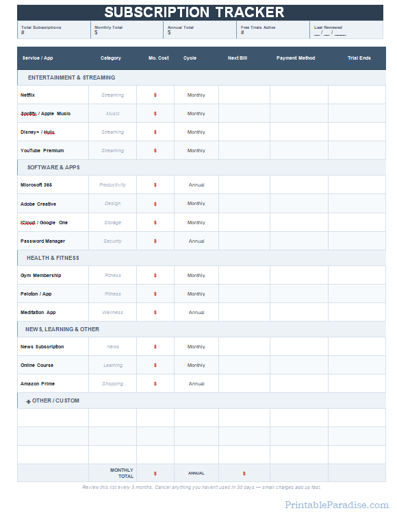 Free Printable & Fillable Subscription Tracker | PrintableParadise