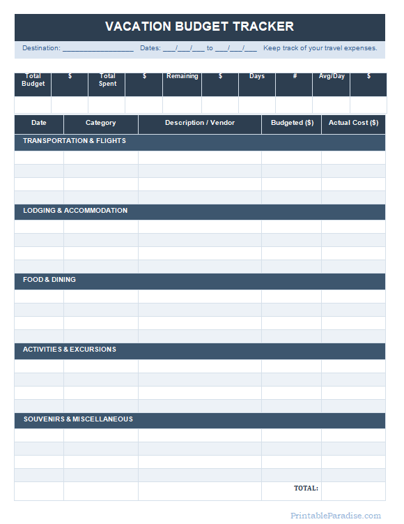 Free Printable & Fillable Vacation Budget Tracker | PrintableParadise
