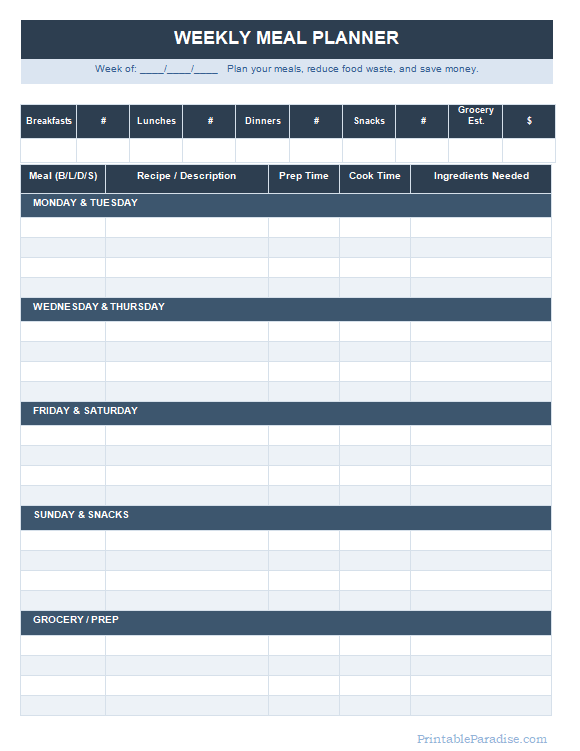Free Printable & Fillable Weekly Meal Planner | PrintableParadise